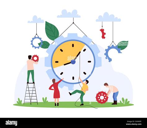 Individuals Groups Collaboratively Managing Time And Productivity Using Large Gears And Clock