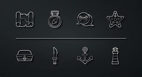 라인 해적 보물 지도 선원 모자 불가사리 닻 검 나침반 등대 및 위치 해적 아이콘을 설정합니다 벡터 가공의 인물에 대한 스톡 벡터 아트 및 기타 이미지 Istock