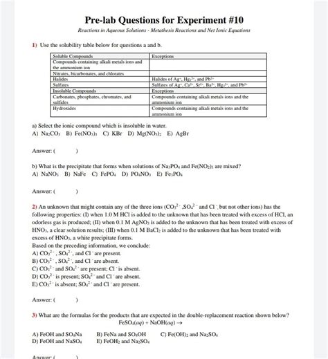 Solved Pre Lab Questions For Experiment Reactions In Chegg