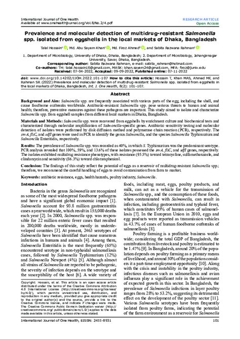 Pdf Prevalence And Molecular Detection Of Multidrug Resistant Salmonella Spp Isolated From