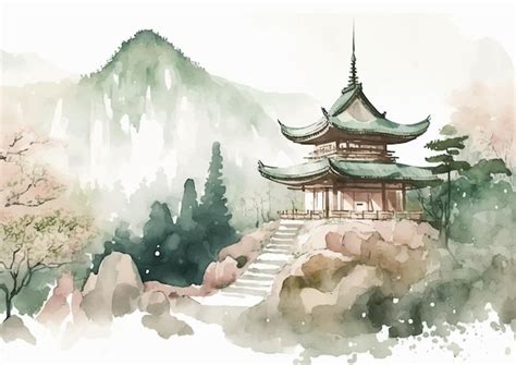 수채화의 신비로운 일본 사원 프리미엄 벡터