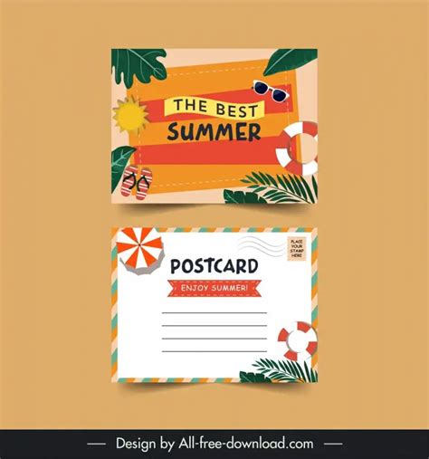Holiday Postcard Template Elegant Flat Beach Elements Vectors Graphic