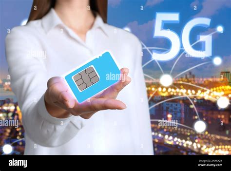 Woman Demonstrating G SIM Card Model And Cityscape With Connection Lines On Background Closeup