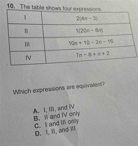 solved 10 the table which expressions are equivalent a i iii and