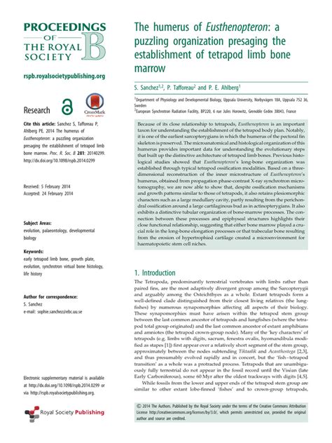 Sanchez S Et Al 2014 The Humerus Of Eusthenopteron A Puzzling