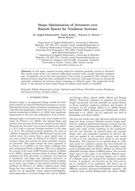 Pdf Shape Optimization Of Actuators Over Banach Spaces For Nonlinear Systems
