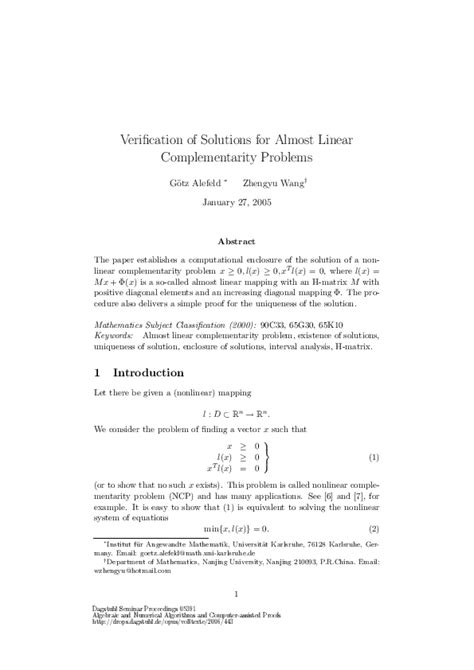 Pdf Verification Of Solutions For Almost Linear Complementarity Problems