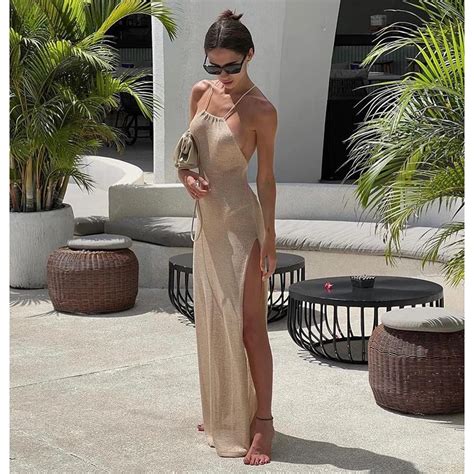 2024 Kintted Cover Up Beach Sexy See Through Maxi Slit Bodycon Summer