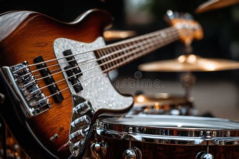 Close Up Of Bass Guitar And Drum Set During A Live Music Performance