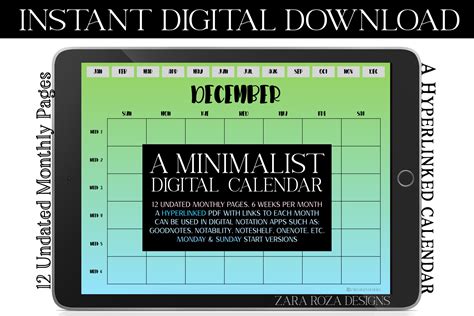 Blue Green Monthly Digital Calendar Graphic By Zararozadesigns · Creative Fabrica