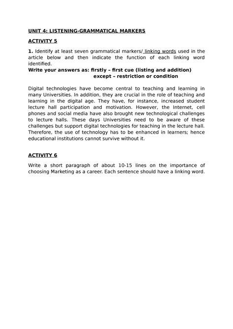 Unit 4 Class Activity 2022 Unit 4 Listening Grammatical Markers