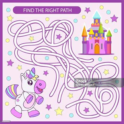 성 수 유니콘에서 옳은 길을 미로 찾아 아이 들 재미 있는 수수께끼 엔터테인먼트 및 오락 아이의 미술 활동과 게임 퍼즐입니다 아이 보드 게임 미로 벡터 일러스트입니다 0명에