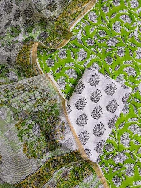 Summary Greenish Yellow Mix Hand Block Print Suit Rangsaa Jaipur