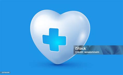 파란색 배경에 십자가가 있는 현실적인 심장의 벡터 그림입니다 십자가를 가진 마음의 3d 만화 작풍 디자인 응급 처치 아이콘의 의료 기호 5월에 대한 스톡 벡터 아트 및 기타
