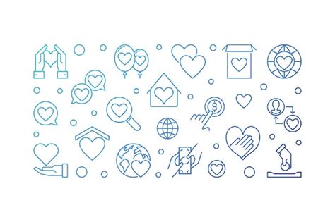 자선 및 기부 파란색 개요 그림 벡터 배너 프리미엄 벡터