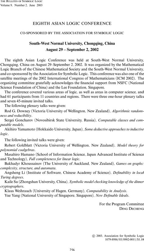 Eighth Asian Logic Conference Bulletin Of Symbolic Logic Cambridge Core