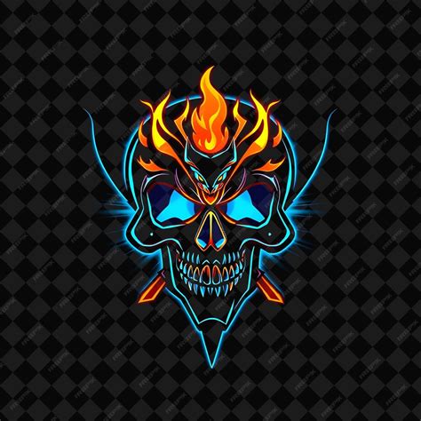 Radiant Neon Inside A Jagged Skull Outline With Bold Sharp Edges Inside Is Decorated With Flames