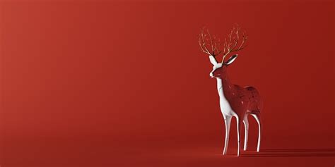 흰색 세라믹 순록 동상 조각은 복사 공간이 있는 크리스마스와 새해 파티를 위한 빨간색 배경에 있습니다 휴일과 계절 개념 3d 일러스트레이션 렌더링 0명에 대한 스톡 사진 및