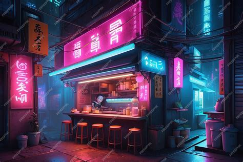 Premium Photo Cyberpunk Noodle Stall Neon Alley Futuristic Vendors