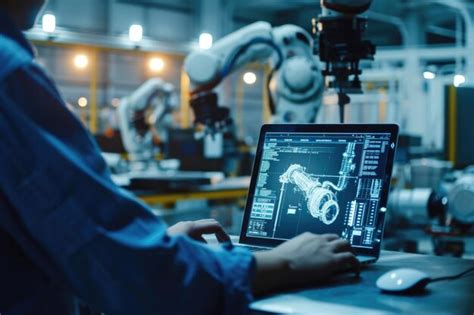 Premium Photo Automation Engineer Programs Robotic Arm For Factory Efficiency