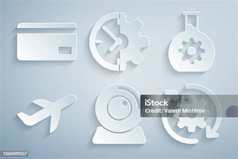 웹 카메라 생명 공학 평면 기어 및 화살표를 워크플로우 시계 장비 및 신용 카드 아이콘으로 설정합니다 벡터 3차원 형태에 대한 스톡 벡터 아트 및 기타 이미지 Istock