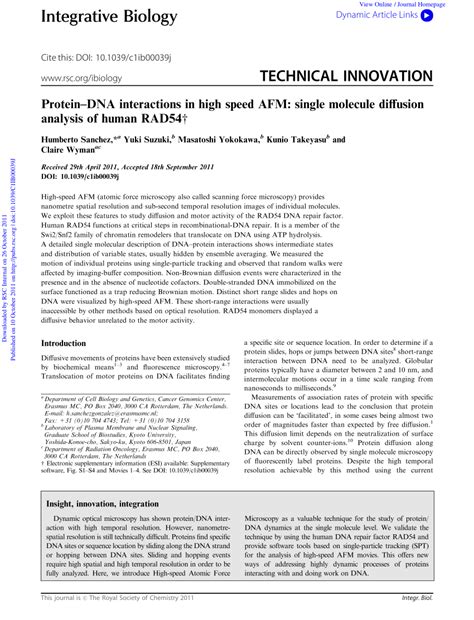 Pdf Protein Dna Interactions In High Speed Afm Single Molecule Diffusion Analysis Of Human Rad54