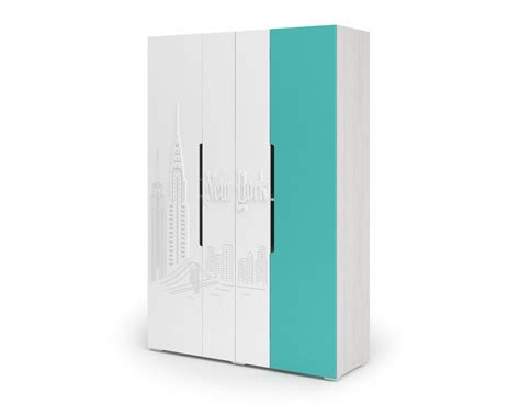 Шкаф 4 х дверный ШК 054 Миа дуб анкор бирюза металлик белый