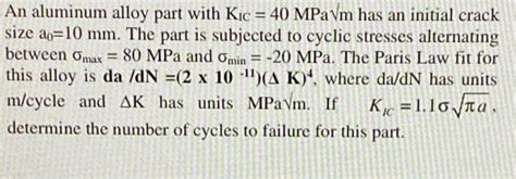 Solved An Aluminum Alloy Part With Kic 40 Mpa√m Has An
