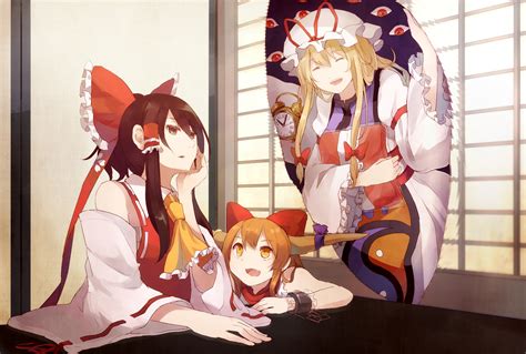 Hakurei Reimu Yakumo Yukari And Ibuki Suika Touhou Drawn By 60mai