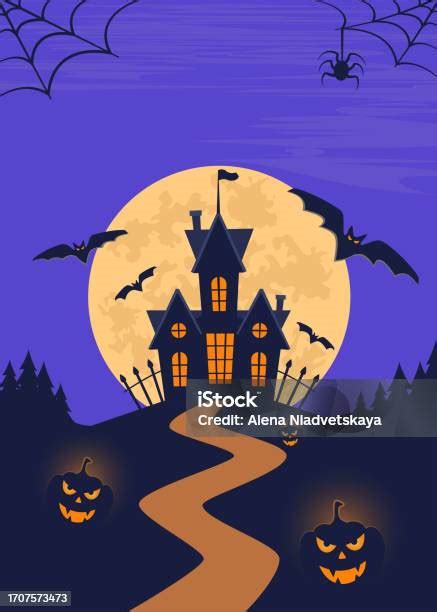 할로윈 포스터 무서운 파티 초대장 배너 어두운 성 달 박쥐 무덤 묘비 십자가 나무 올빼미 호박 할로윈 밤 벡터 삽화입니다 10월에 대한 스톡 벡터 아트 및 기타 이미지