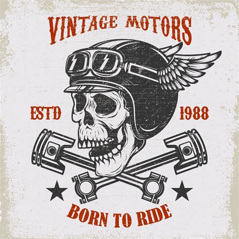 빈티지 모터 열심히 타세요 그런 지 배경에 날개 달린 헬멧 그림에서 빈티지 레이서 해골 포스터 엠 블 럼 사인 티셔츠 요소 삽화 프리미엄 벡터