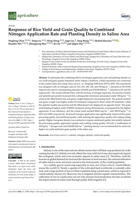 (PDF) Response of Rice Yield and Grain Quality to Combined Nitrogen Application Rate and ...