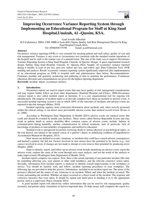 PDF Improving Occurrence Variance Reporting System Through Implementing An Educational Program