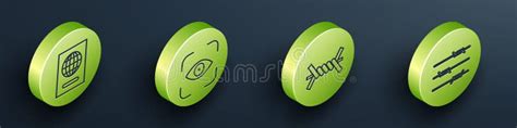 Set Isometric Passport Eye Scan Barbed Wire And Barbed Wire Icon Vector Stock Vector