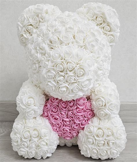 ᐉ Ведмедик зі штучних троянд 40 см Білосніжний 14951139 • Краща ціна в Києві Україні • Купити