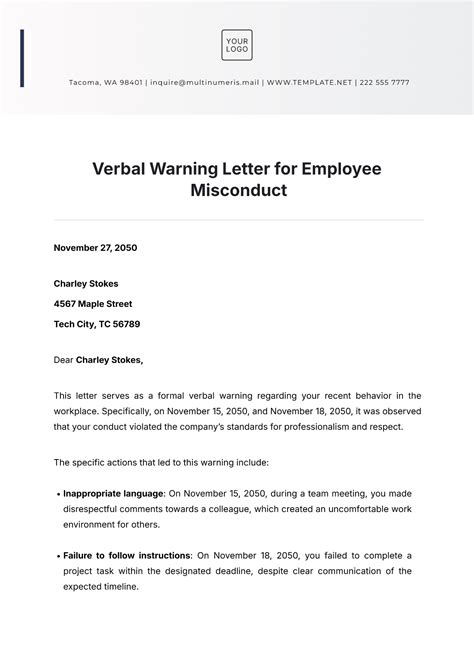 Free Verbal Warning Letter For Employee Misconduct Template To Edit Online