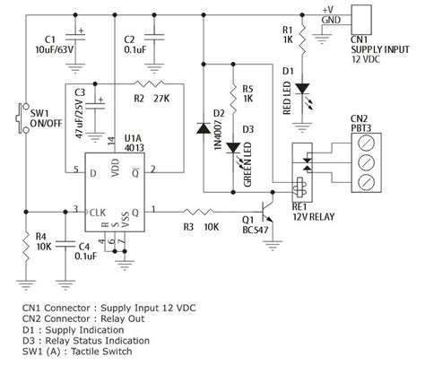 Toggle Switch Circuit Diagram With Cmos Cd4013 Flip Flop Ic