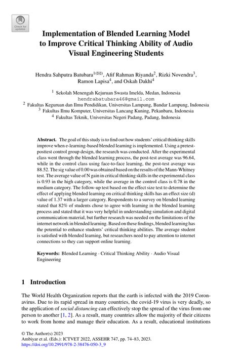 Pdf Implementation Of Blended Learning Model To Improve Critical