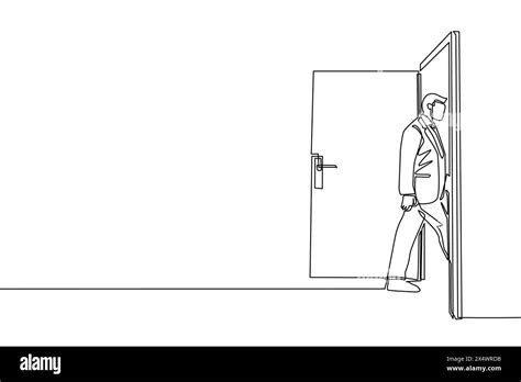 Continuous One Line Drawing Businessman Enters The Room Through The
