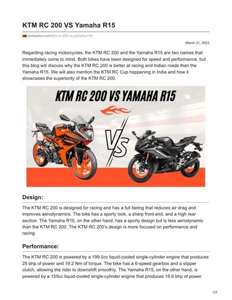 Ppt Ktm Rc 200 Vs Yamaha R15 V4 Comparing Performance Features