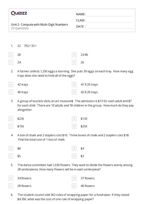 50 multi digit numbers worksheets for 8th year on quizizz free