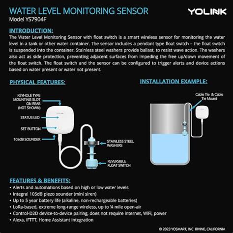 Yolink Lora Smart Water Level Monitoring Sensor Wireless Battery Powered Float Switch Alarm