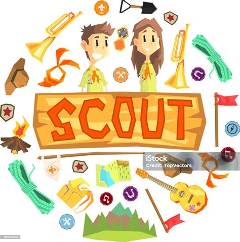 스카우트 배너 템플릿 캠핑 및 하이킹 장비 스카우트 소년과 소녀 입고 스카우트 유니폼 아이 여름 캠프 벡터 일러스트 레이 션 감시에 대한 스톡 벡터 아트 및 기타 이미지