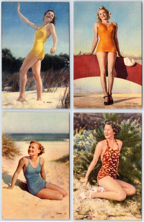 1940s Set 4 Bathing Beauty Pin Up Girls Swimsuits Vintage Linen