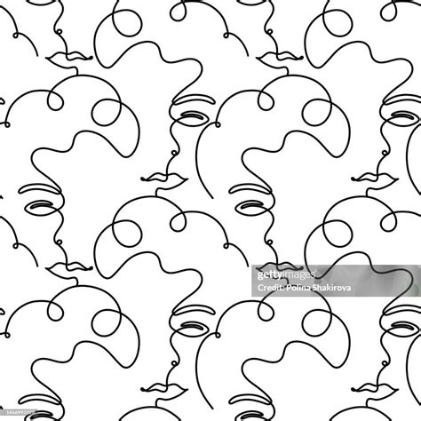 Continuous Line Drawing Of Seamless Pattern With Abstract Face Vector Illustration High Res
