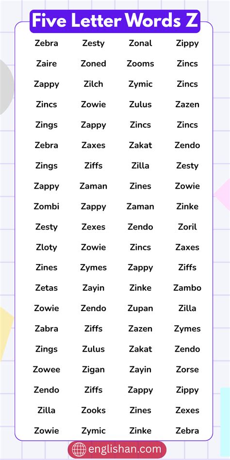 Five Letter Words With Z 250 Vocabulary Words