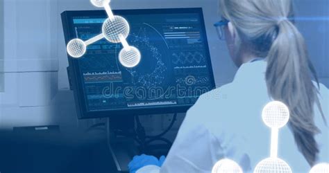 Image Of Molecules Over Caucasian Female Scientists Using Computer In