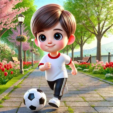 بک گراند کودکانه پسر کوچولو در حال دویدن در پارک با توپ فوتبالش کد