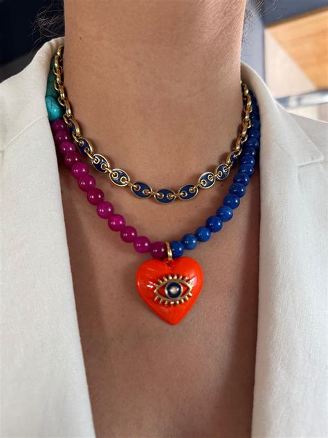 Evil Eye Gemstone Necklace Boho Enamel Heart Pendant Jewelry Ts