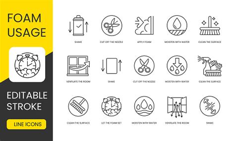 폴리 우레탄 폼 사용 지침 편집 가능한 스트로크로 설정된 벡터 라인 아이콘 표면을 청소하고 물로 적시고 거품을 적용하고 노즐을